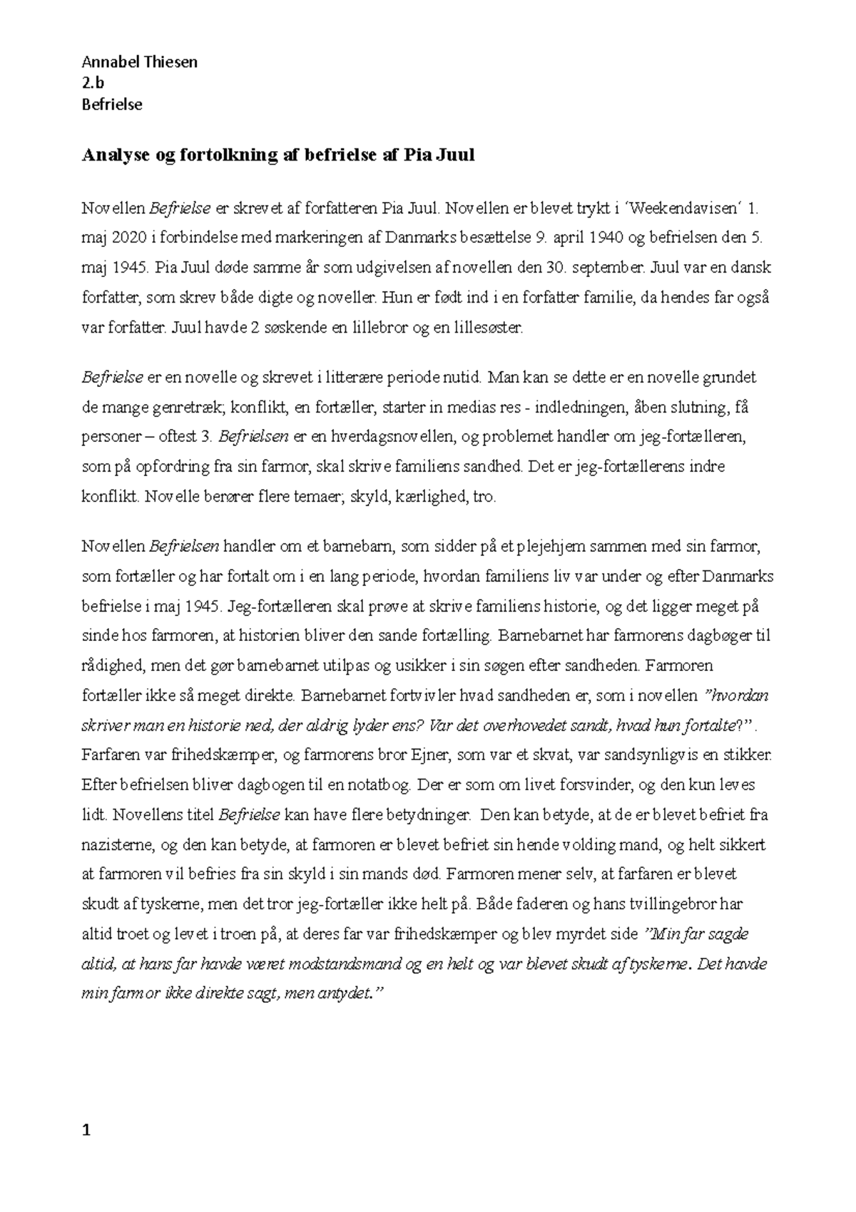 Novelle Befrielsen - 2 Befrielse Analyse og fortolkning af befrielse af Pia Juul Novellen ...