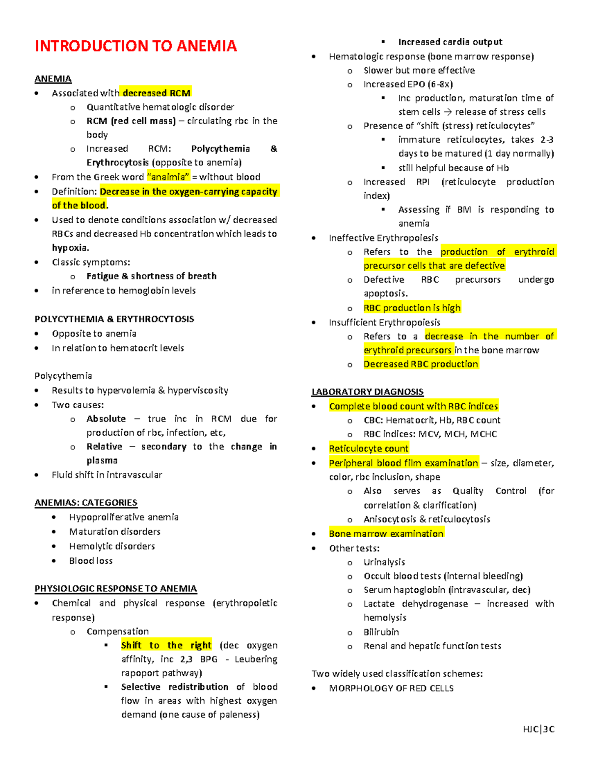 Hematology 2 - Introduction to Anemia - INTRODUCTION TO ANEMIA ANEMIA ...