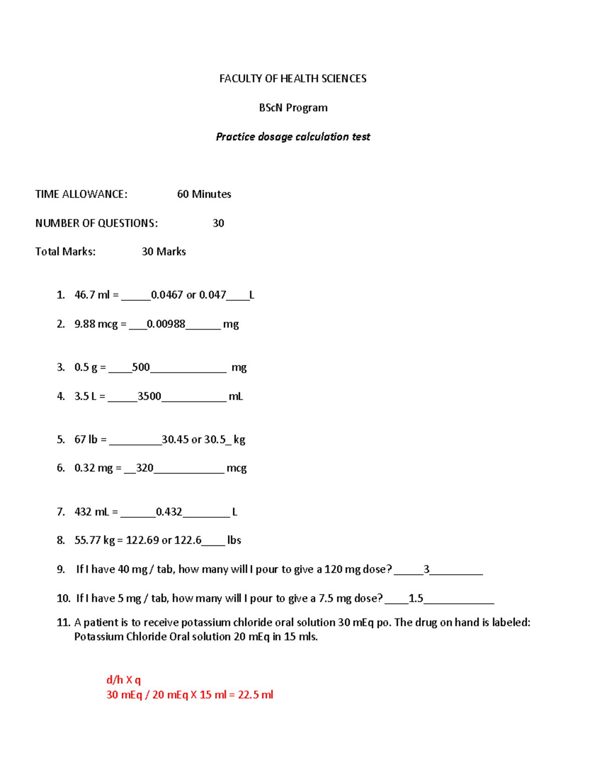 Practice Math Test - Answers - FACULTY OF HEALTH SCIENCES BScN Program ...