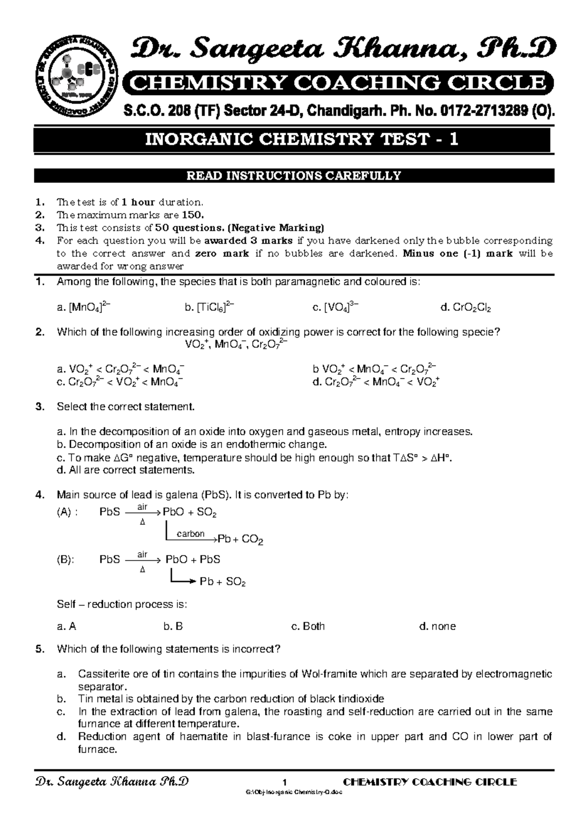 Obj Inorganic Chemistry Q - Dr. Sangeeta Khanna Ph 1 CHEMISTRY COACHING CIRCLE INORGANIC ...
