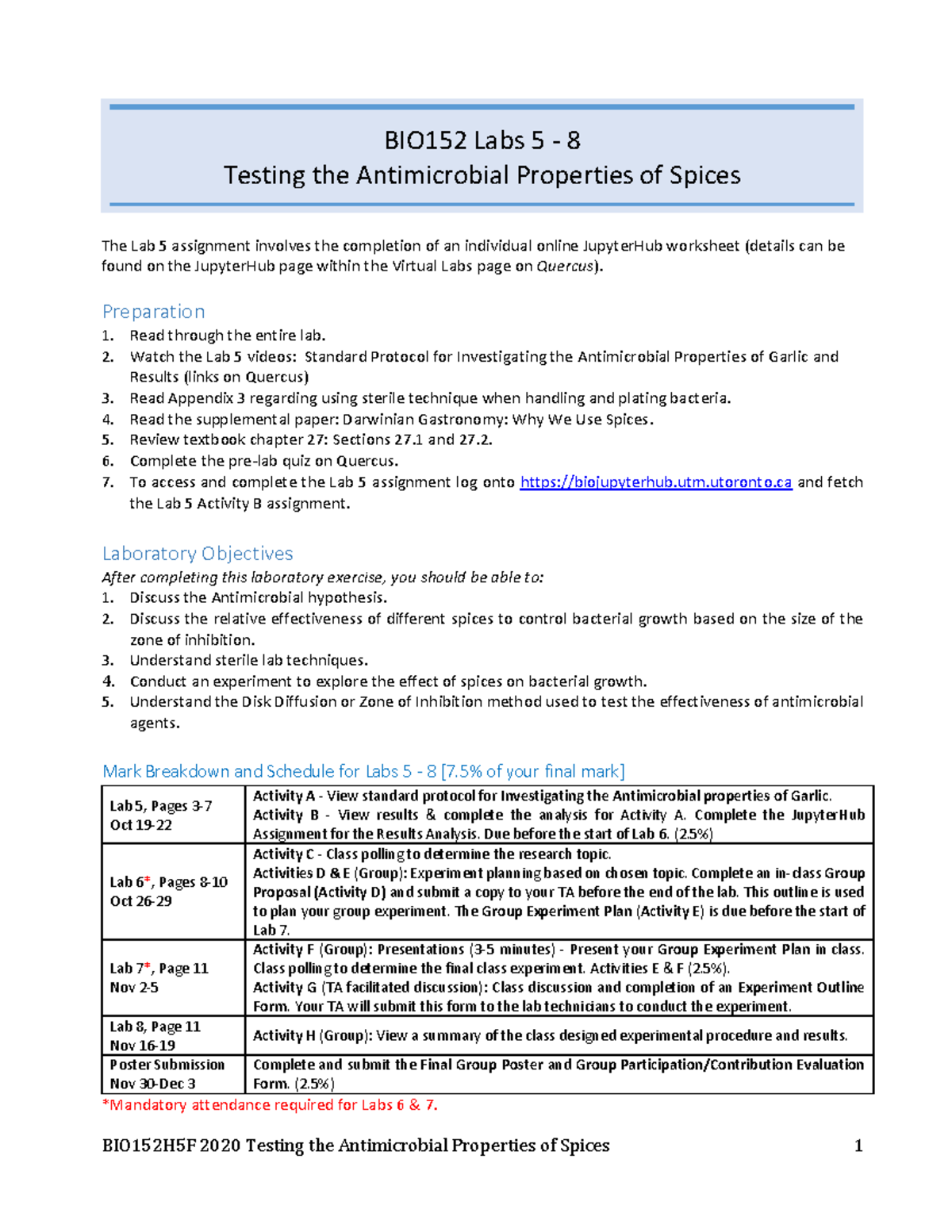 BIO152H5F 2020 Labs 5-8 Outline - The Lab 5 assignment involves the ...