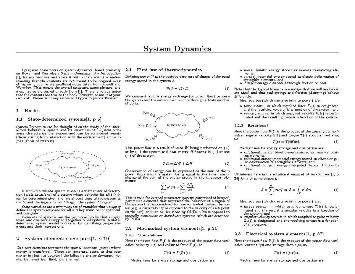 Summary Notes Chapter 1 -15 - System Dynamics I prepared these notes on ...