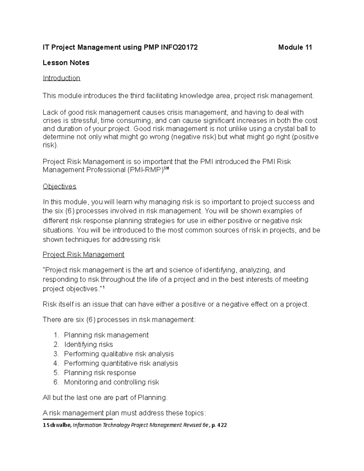 Module 11 Notes - IT Project Management using PMP INFO20172 Module 11 ...