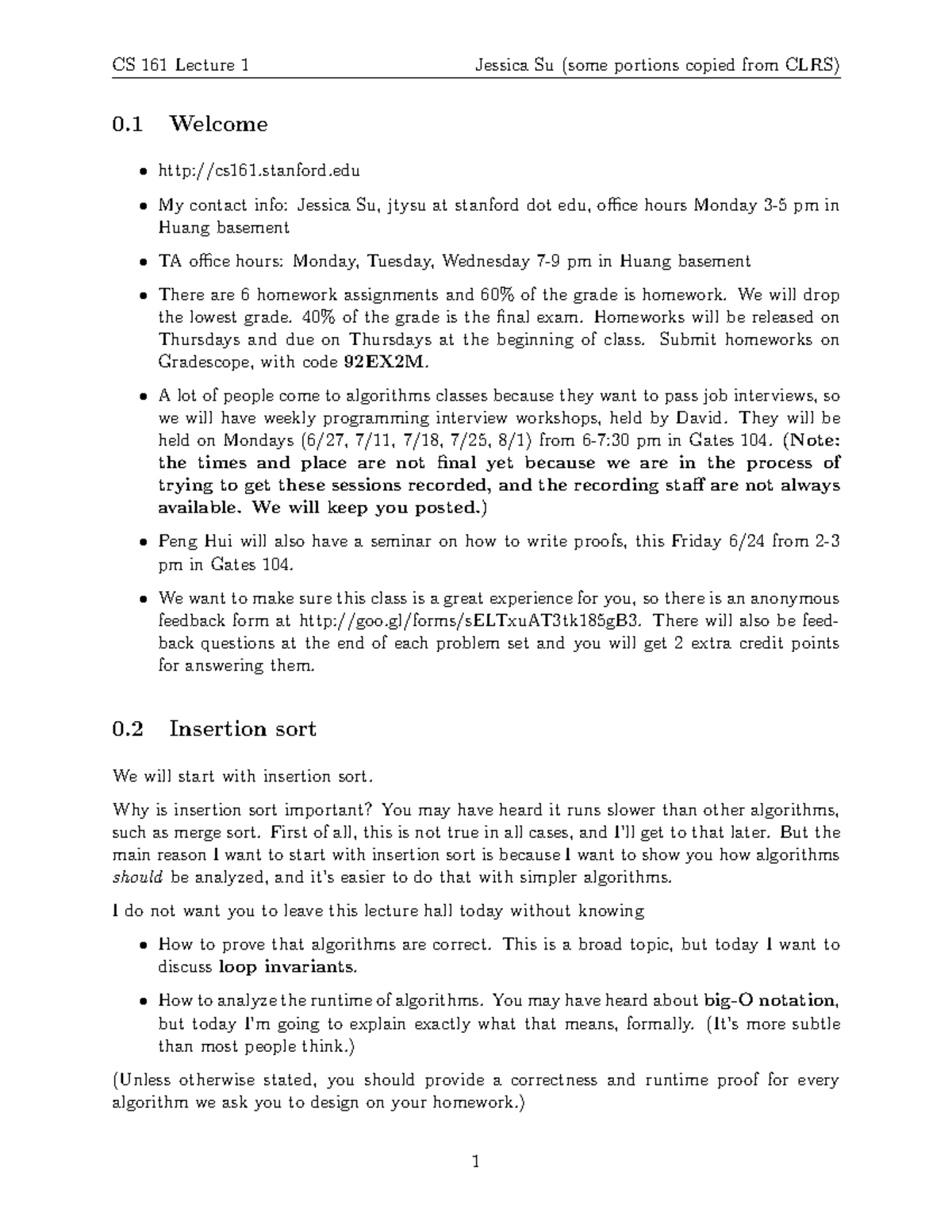 Lecture 1 - 0 Welcome cs161.stanford My contact info: Jessica Su, jtysu ...