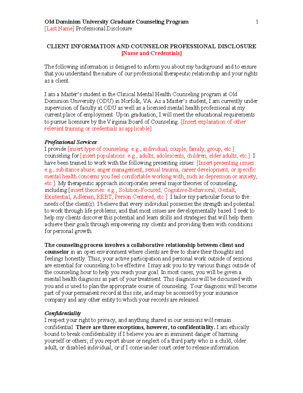 Professional disclosure statement sample - Old Dominion University ...