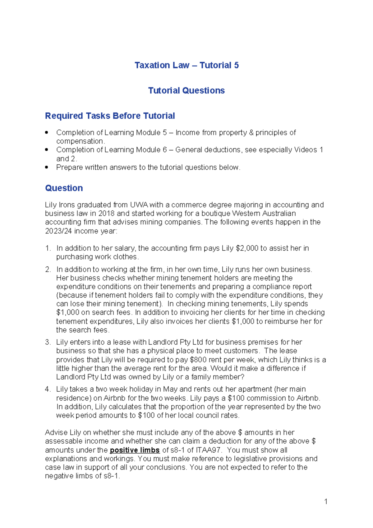 Tutorial 5 - Tutorial Questions - Taxation Law – Tutorial 5 Tutorial ...