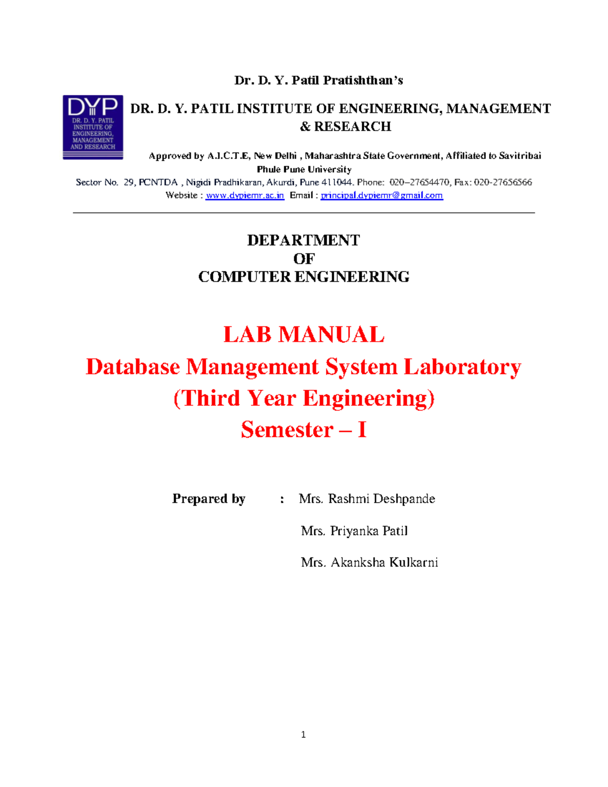 DBMS Lab Manual 23 24 - Dr. D. Y. Patil Pratishthan’s DR. D. Y. PATIL ...