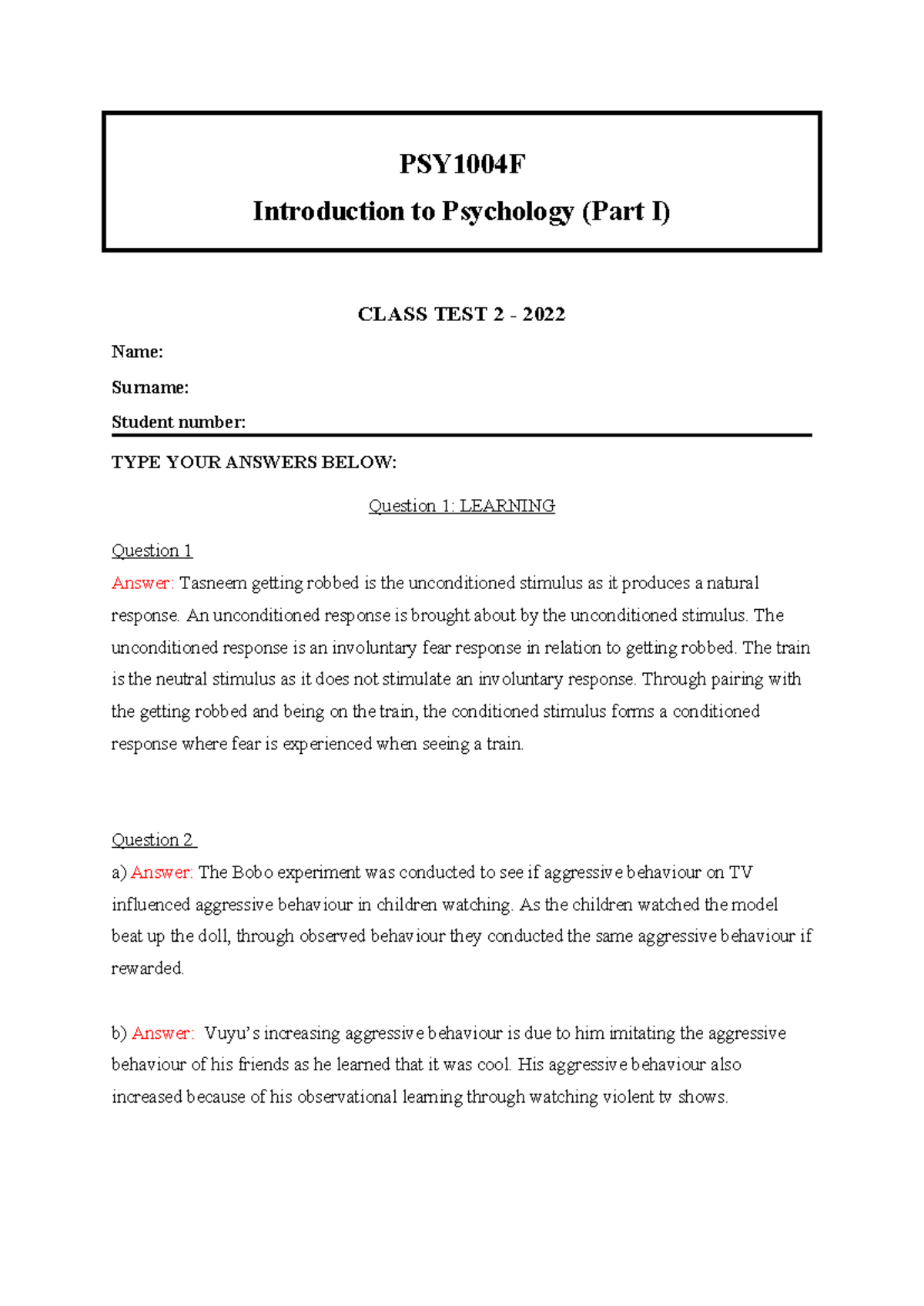 Question 1 - CT2 SAQ - PSY1004F Introduction to Psychology (Part I ...