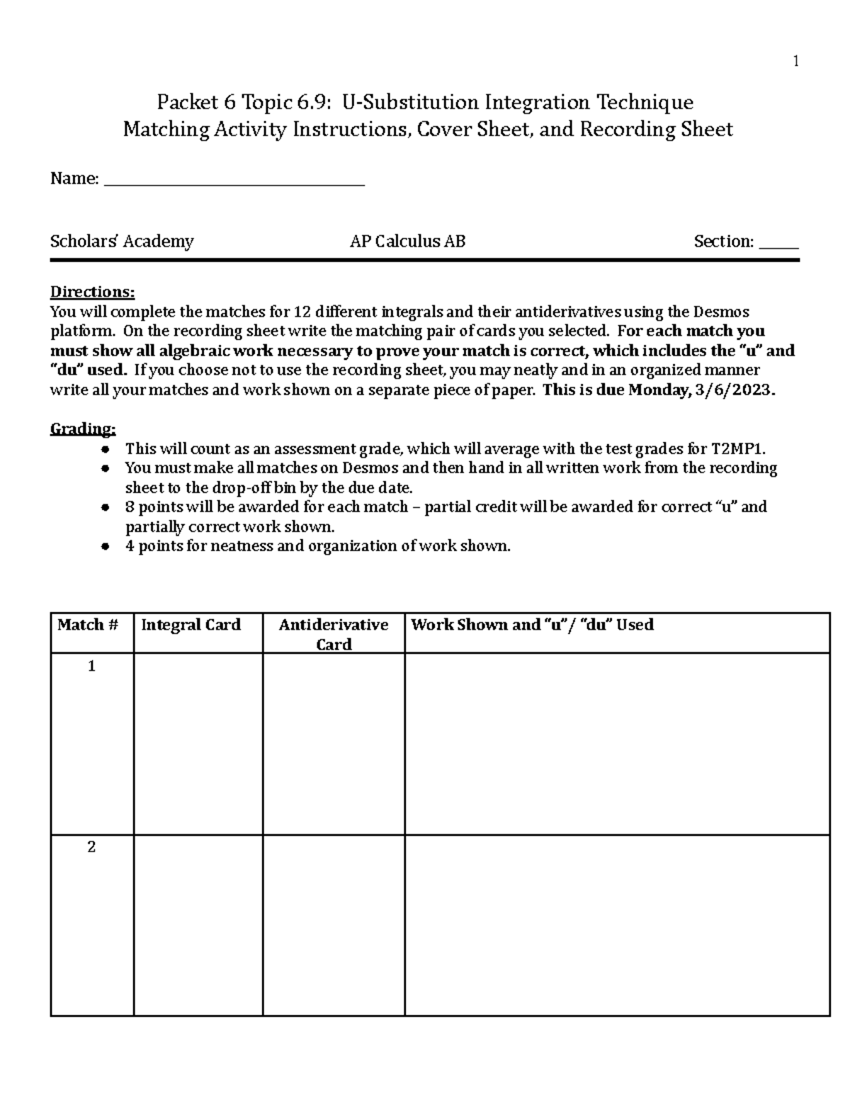 AP Calc AB T2MP1 Integration by U-sub PBA Cover and Recording Sheet ...
