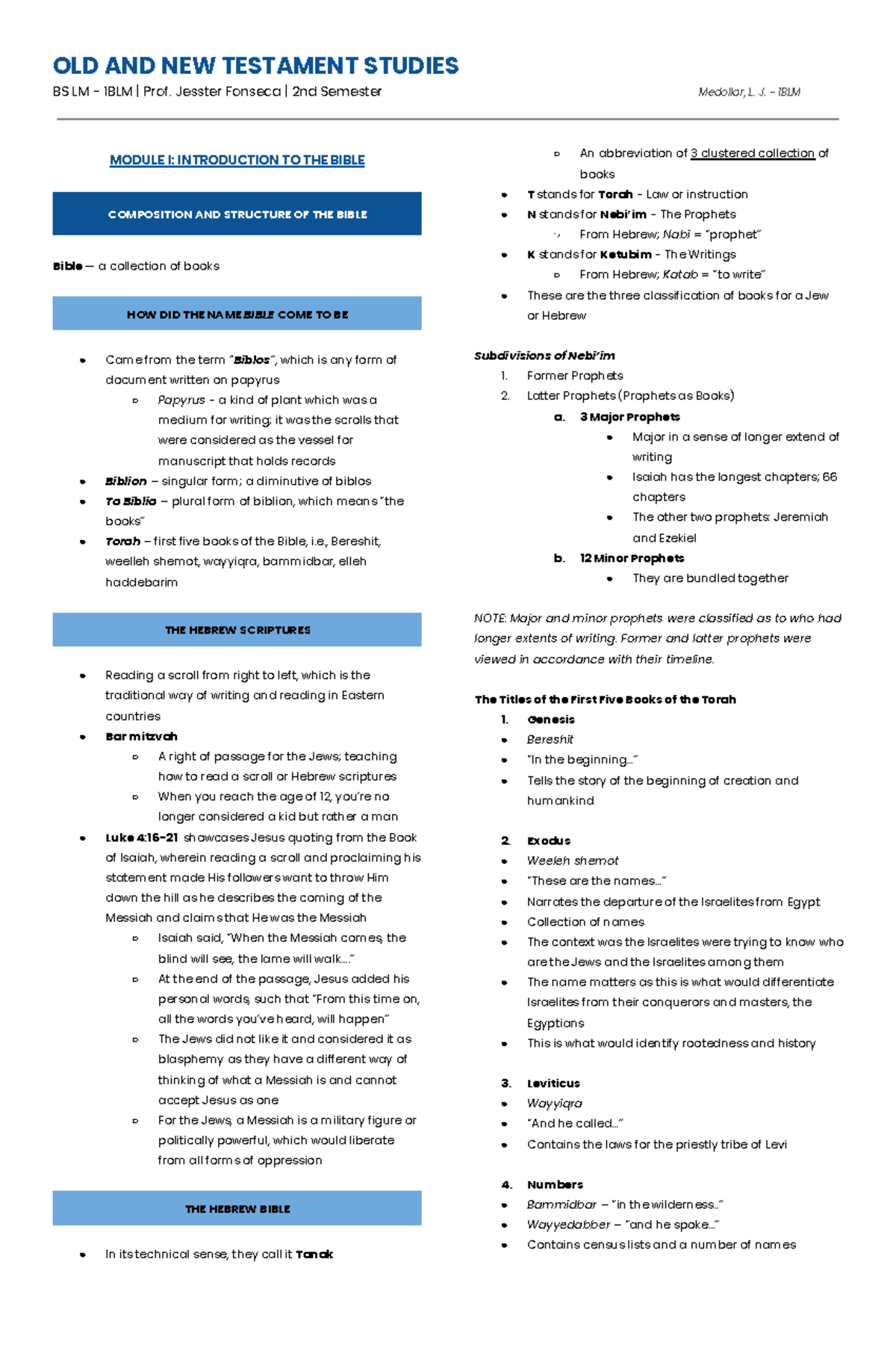 2S-1BLM-THED01 Notes (Finals) - OLD AND NEW TESTAMENT STUDIES BS LM ...