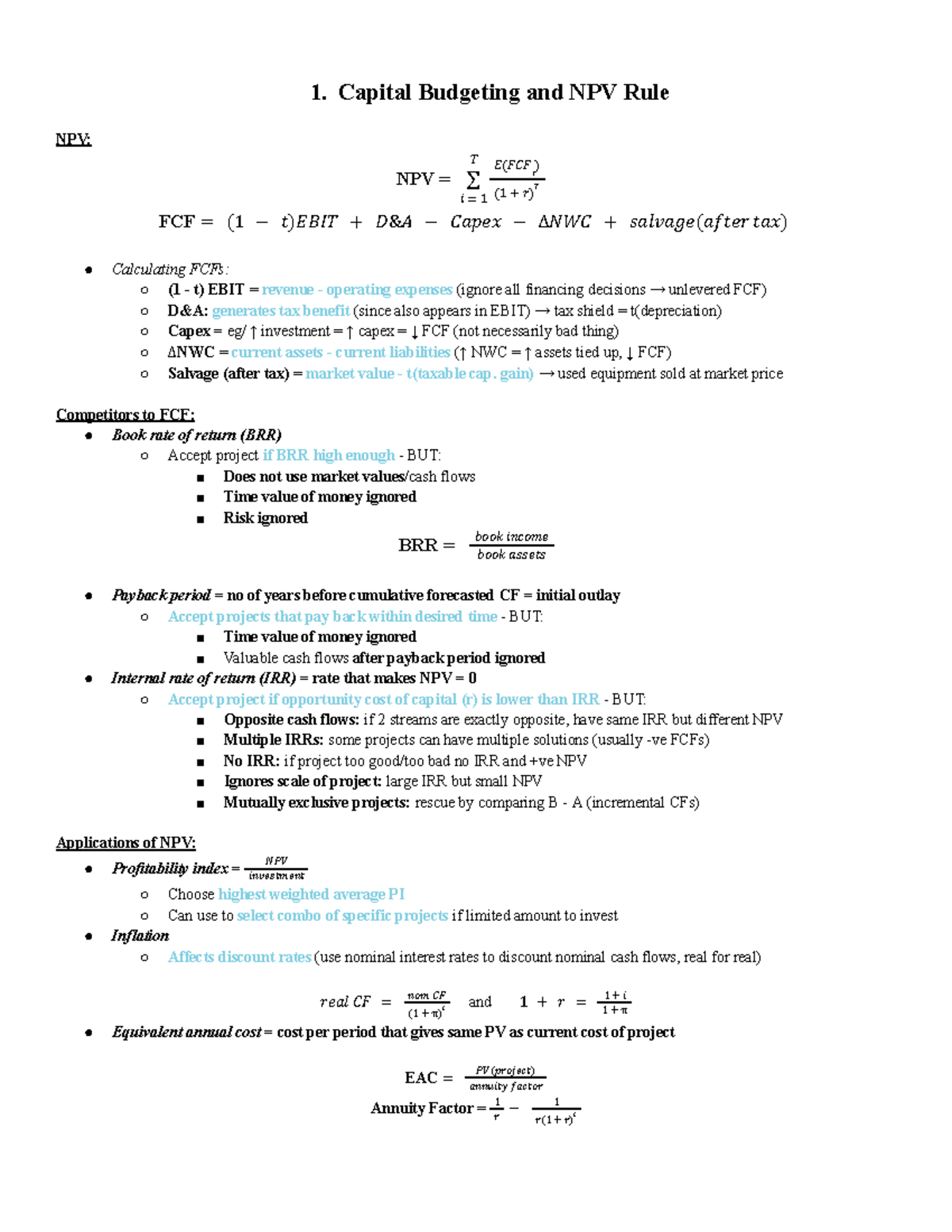 FM213 LT Notes - 1. Capital Budgeting and NPV Rule NPV: NPV = 𝑖 = 1 𝑇 ∑ ...