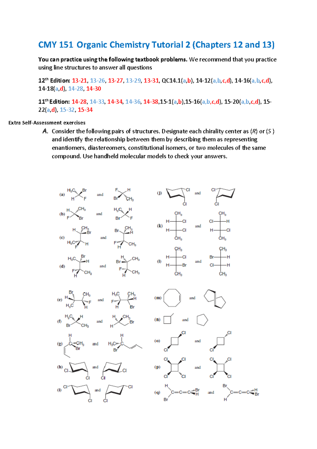 2024 CMY 151 Organic Chemistry Tutorial 4 - CMY 151 Organic Chemistry Tutorial 2 (Chapters 1 2 ...
