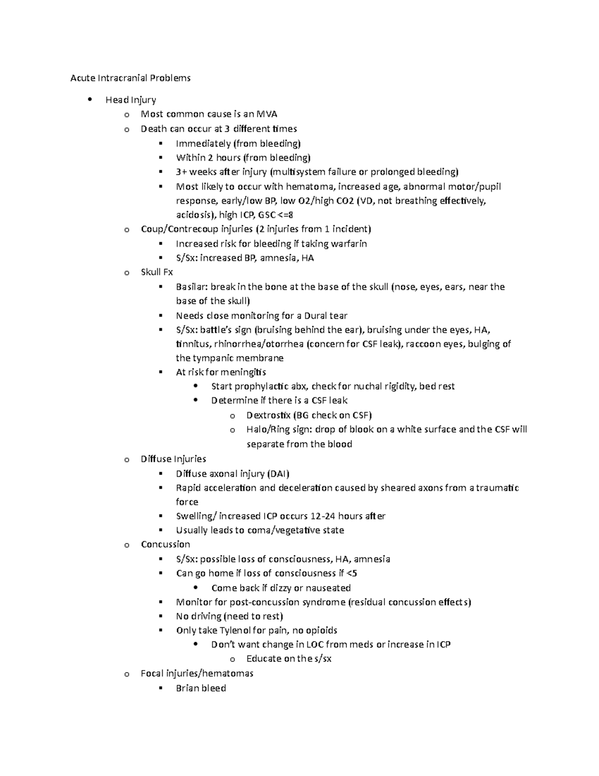 Med Surg Exam 4 study guide - Acute Intracranial Problems Head Injury o ...