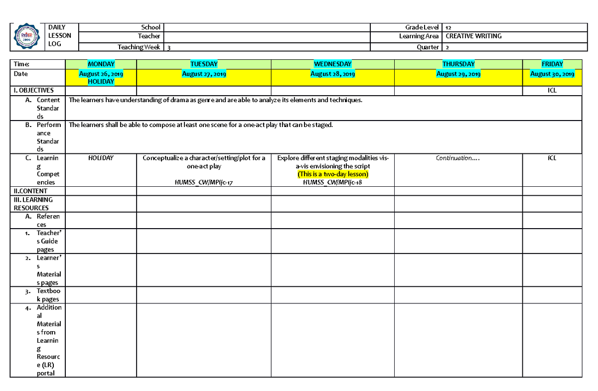 CW Lesson Log W3 Q2 - DAILY LESSON LOG School Grade Level 12 Teacher ...