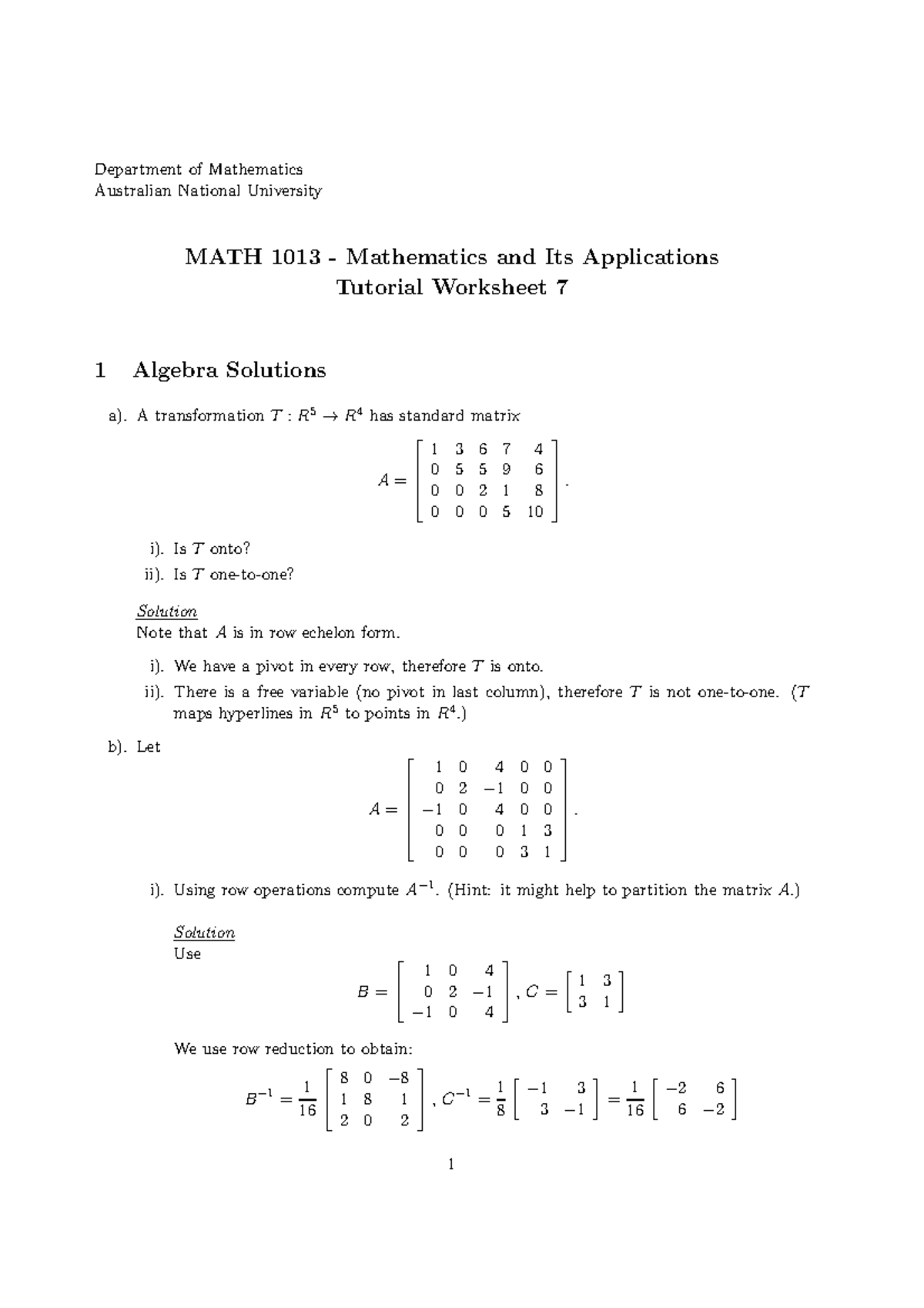 Tut 7-alg-sol - dscdwcxd - Department of Mathematics Australian ...