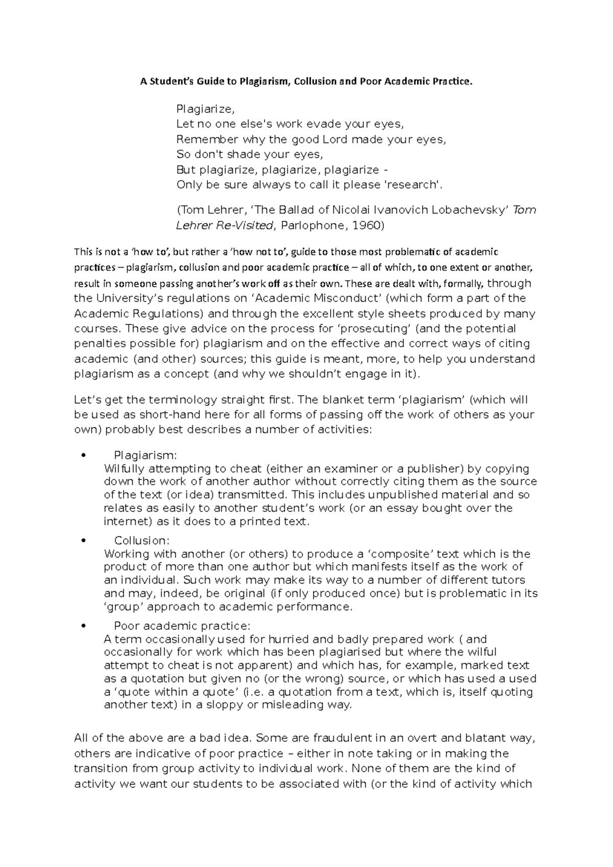 A Students Guide to Plagiarism, Collusion and Poor Academic Practice ...