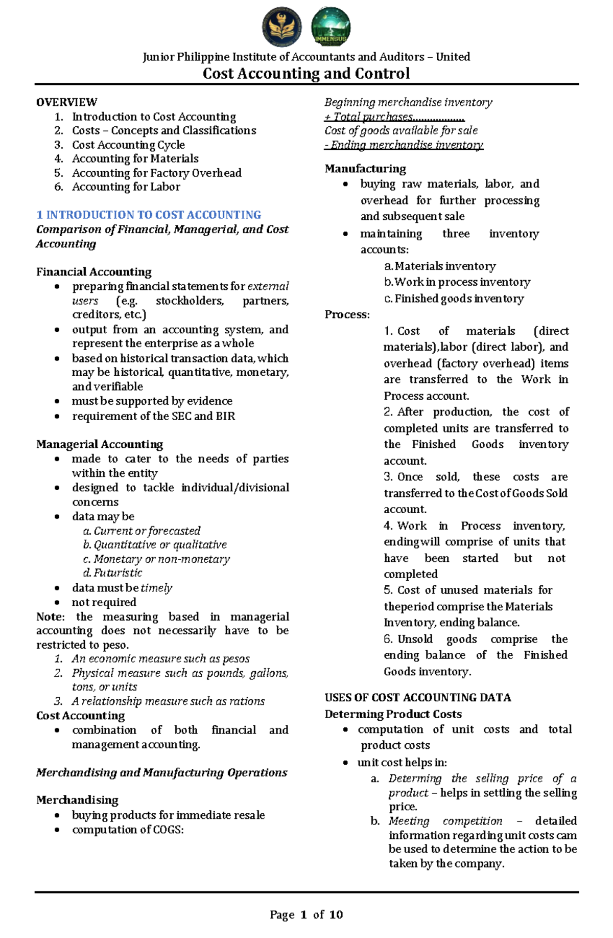 01 Xcostcon - qwefegegqgqegqeg - Cost Accounting and Control OVERVIEW ...