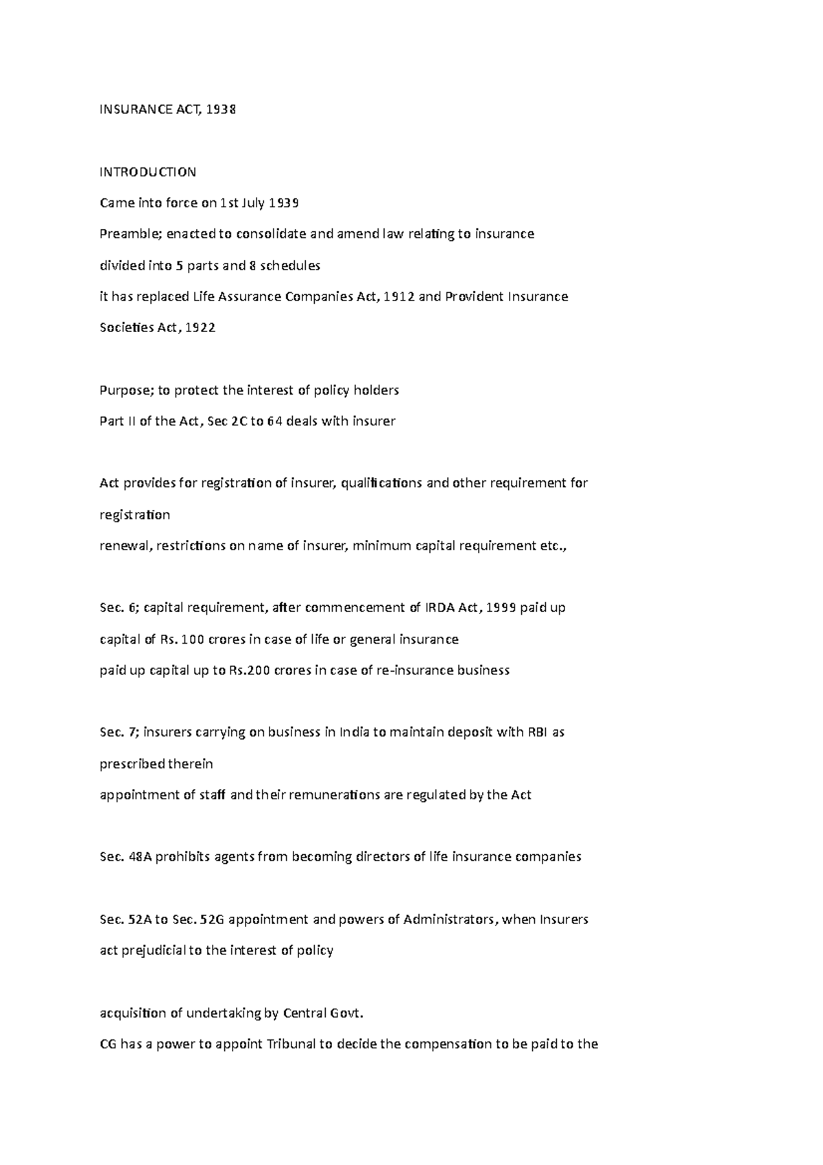 Insurance ACT - INSURANCE ACT, 1938 INTRODUCTIONCame into force on 1st ...