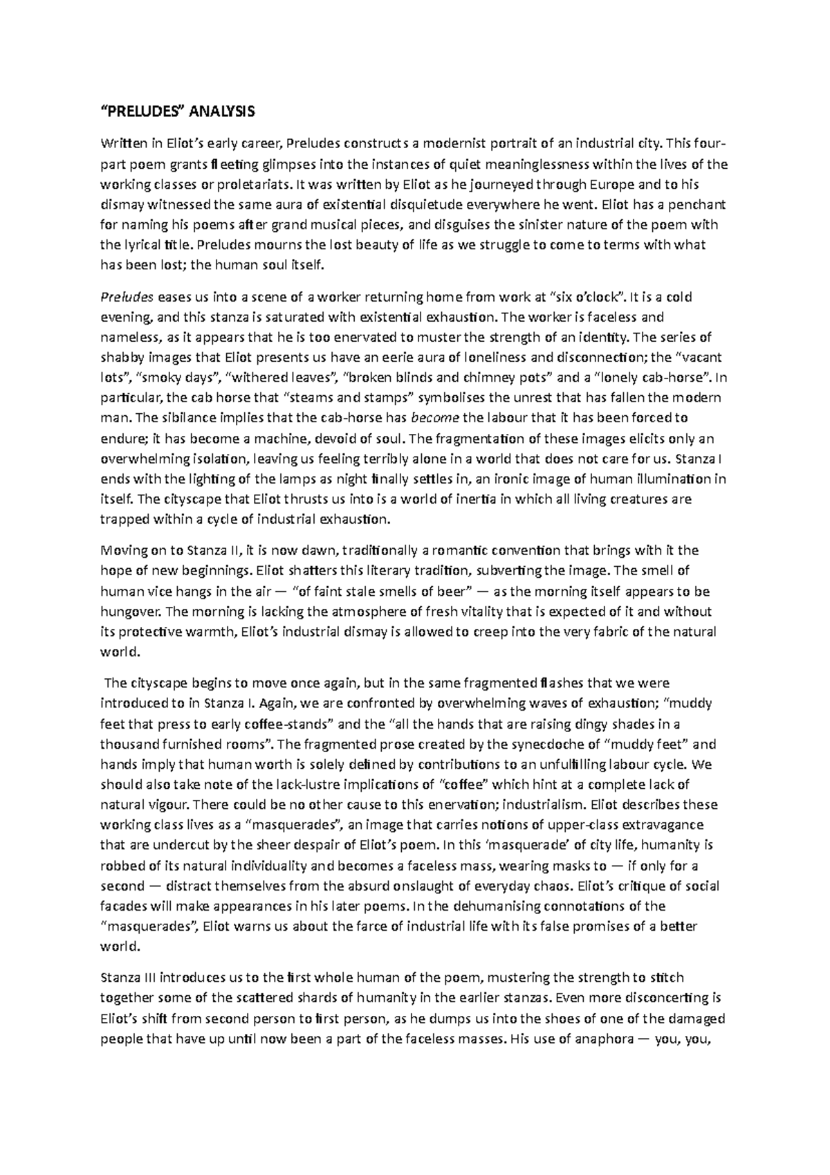 Preludes explained - “PRELUDES” ANALYSIS Written in Eliot’s early ...