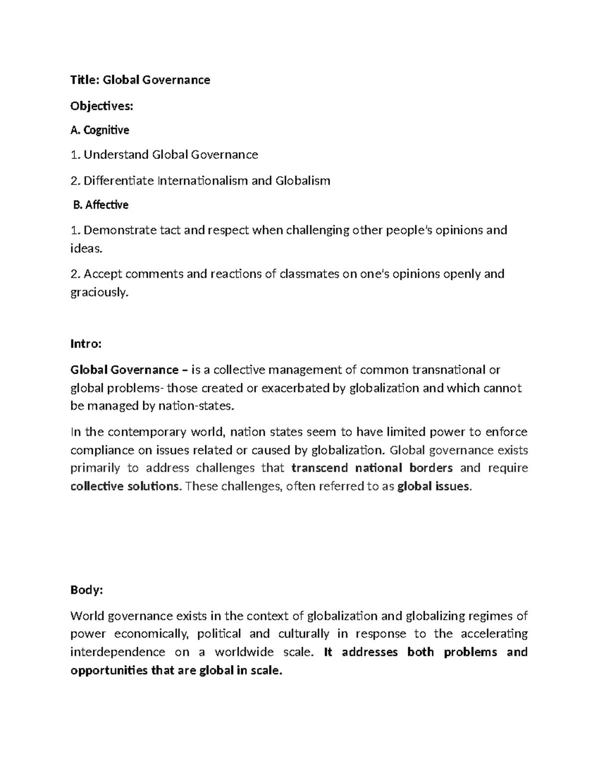 Global Governance Framework Report - Title: Global Governance ...