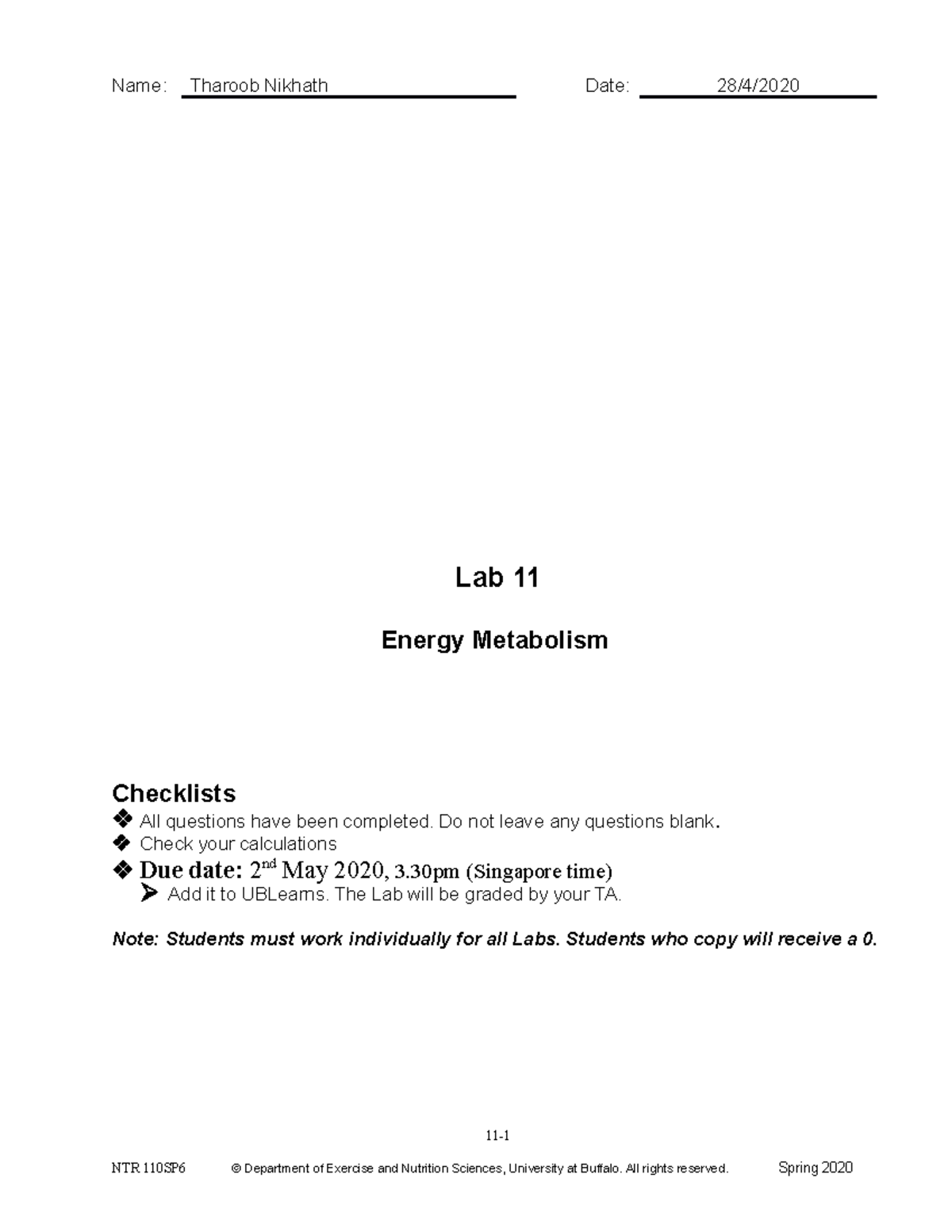 Lab 11 - Energy Metabolism Spring 2020 - Lab 11 Energy Metabolism ...