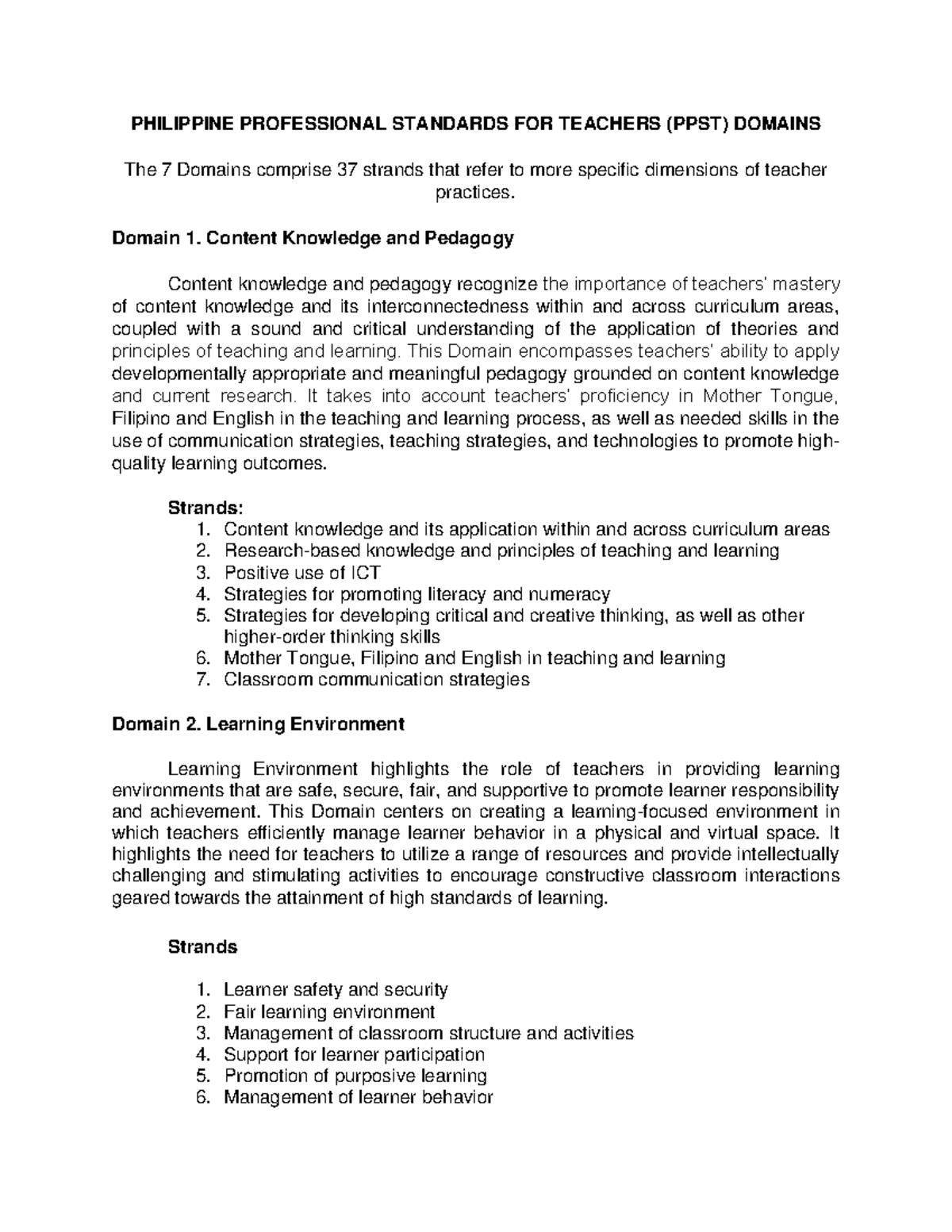 PPST 7 domains - None - PHILIPPINE PROFESSIONAL STANDARDS FOR TEACHERS (PPST) DOMAINS The 7 ...