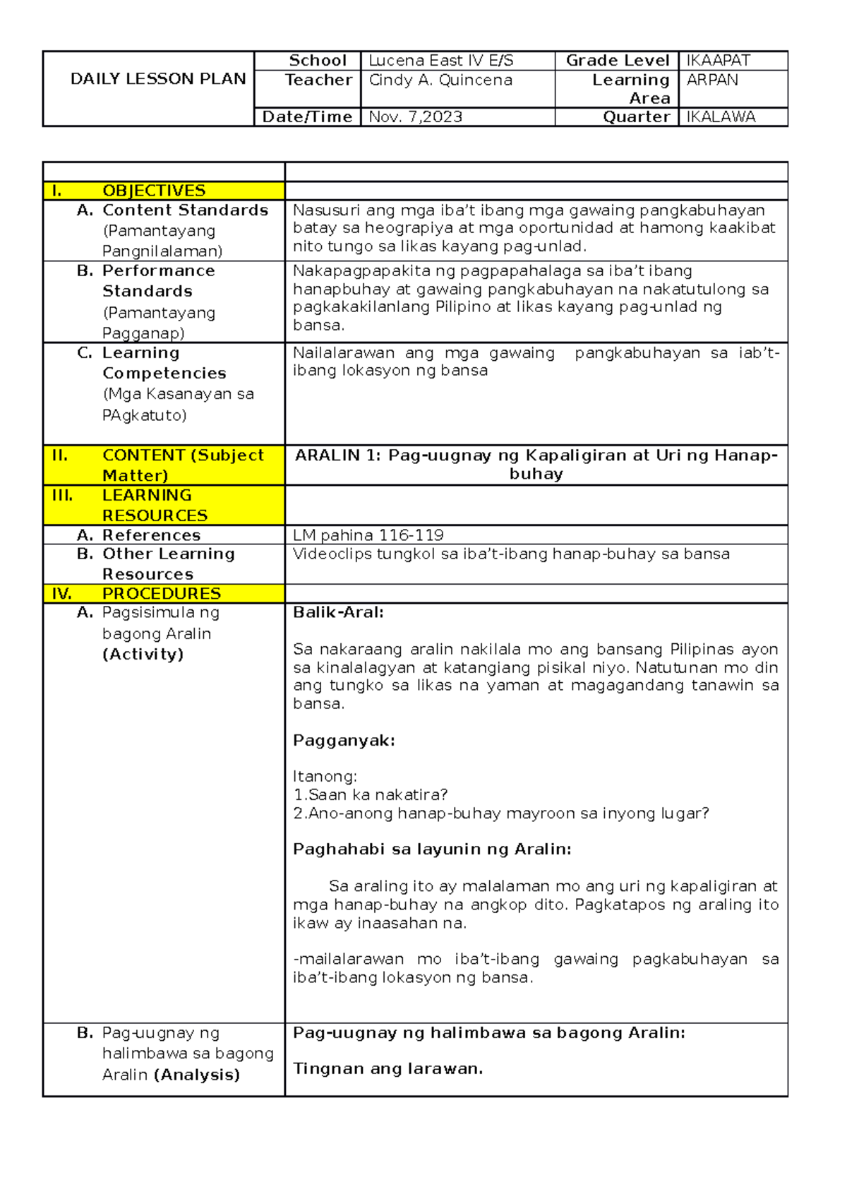 AP4 day2 - A lesson plan in Araling Panlipunan 4 - DAILY LESSON PLAN ...