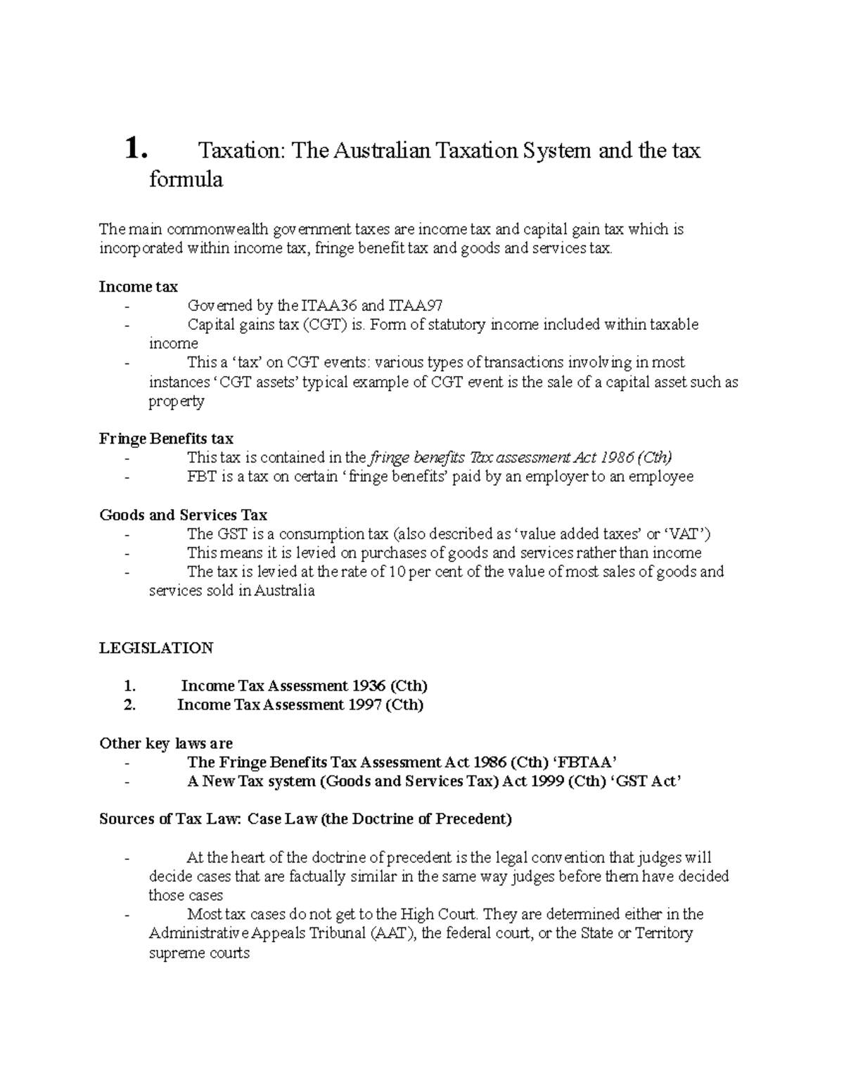 Taxation lecture notes week 1 - 1. Taxation: The Australian Taxation ...