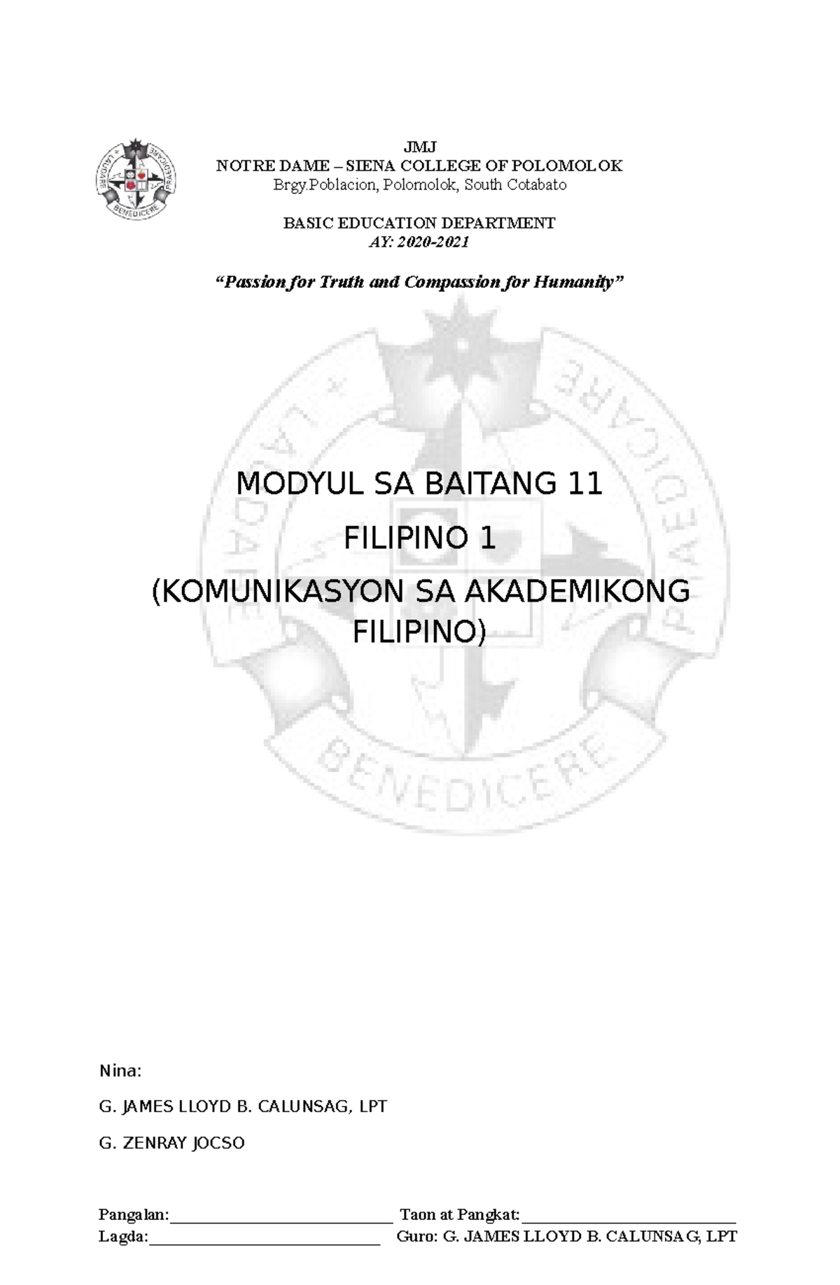 Module for filipino 1 (final) 2021-2022 - JMJ NOTRE DAME – SIENA ...