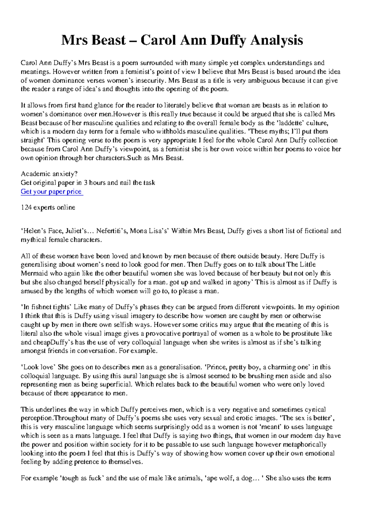 Mrs Beast – Carol Ann Duffy Analysis - Mrs Beast – Carol Ann Duffy ...