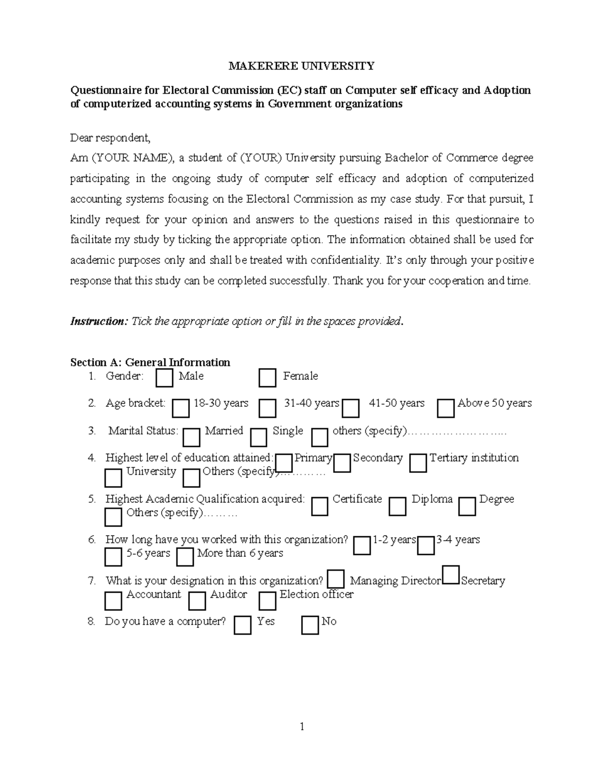 Sample Questionnaire - heyyy - MAKERERE UNIVERSITY Questionnaire for ...