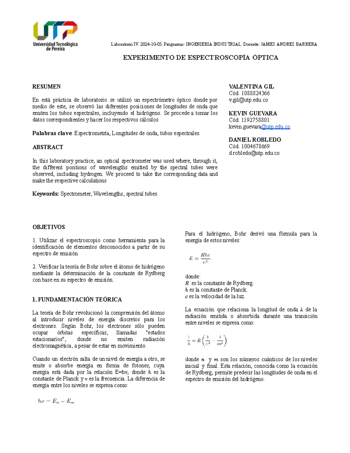 Experimento DE Espectroscopía Óptica - Laboratorio IV. 2024-10-03. Programas: INGENIERIA ...