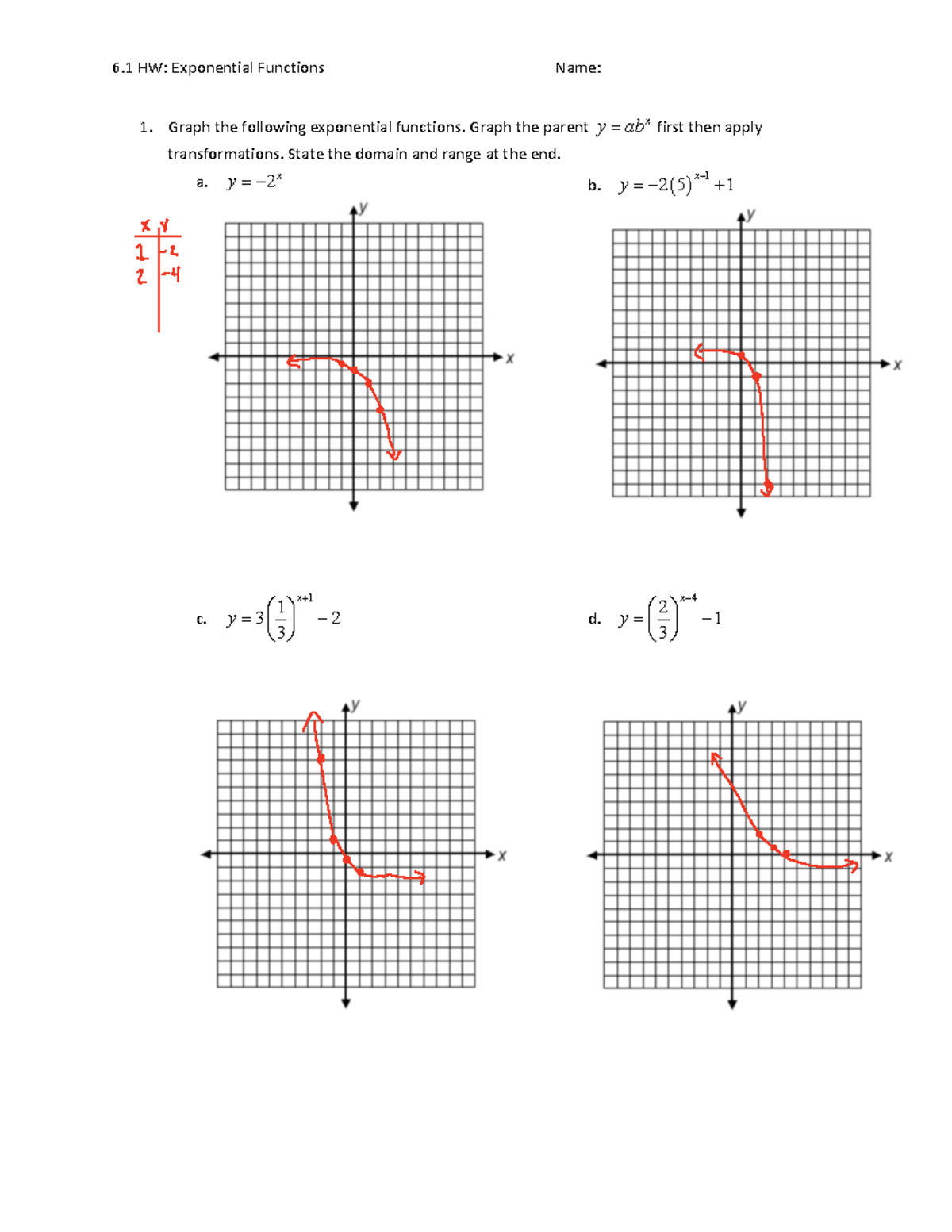 01+6 - Notes - 6 HW: Exponential Functions Name: 1. Graph the following ...
