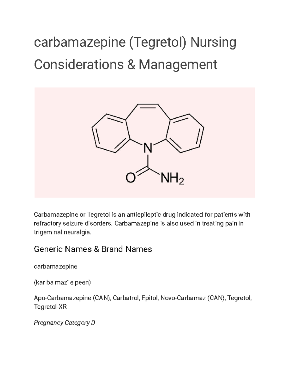 Untitled document - lecture notes - carbamazepine (Tegretol) Nursing ...