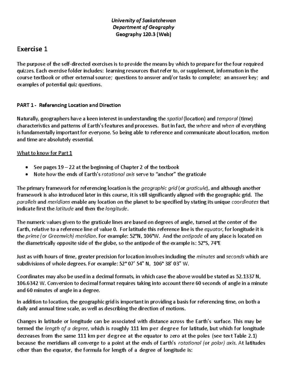 GEOG 120.3 (W) Exercise 1 - University of Saskatchewan Department of ...