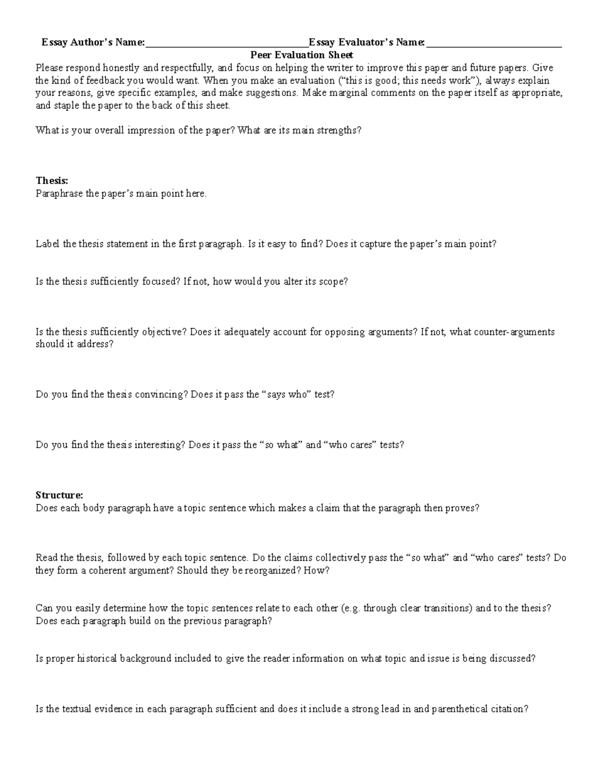 Essay Peer Eval Sheet - Essay Author’s Name:_____Essay Evaluator’s Name ...