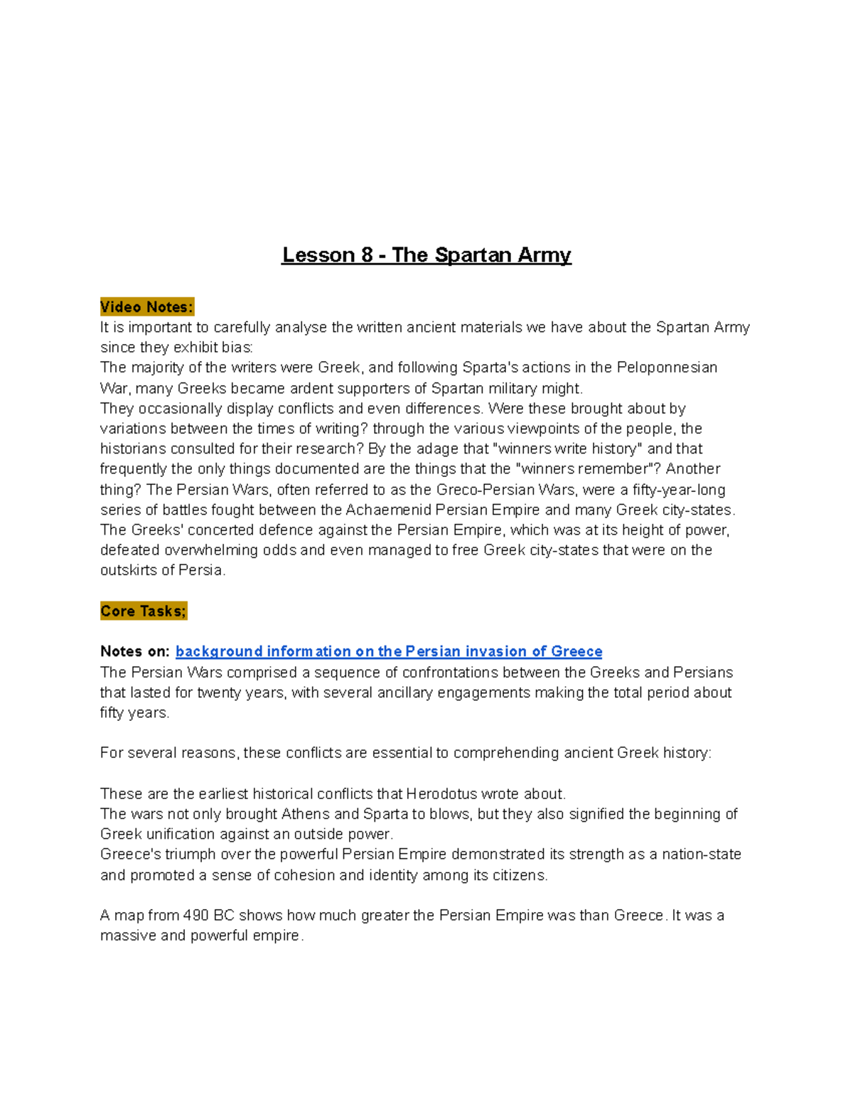 Ancient History 24' - A+ work - Lesson 8 - The Spartan Army Video Notes ...