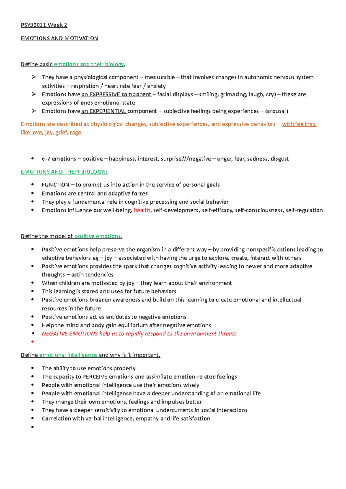 PSY30011 Week 2 - LECTURE NOTES WEEK 2 - PSY30011 Week 2 EMOTIONS AND ...
