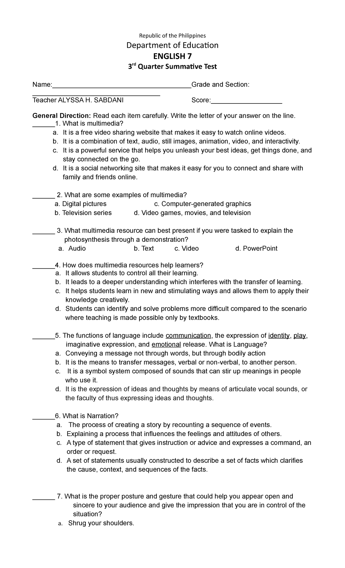 ENG 7 3rd Q TEST This Is A Summative Test For Grade 7 On Quarter 3 Of