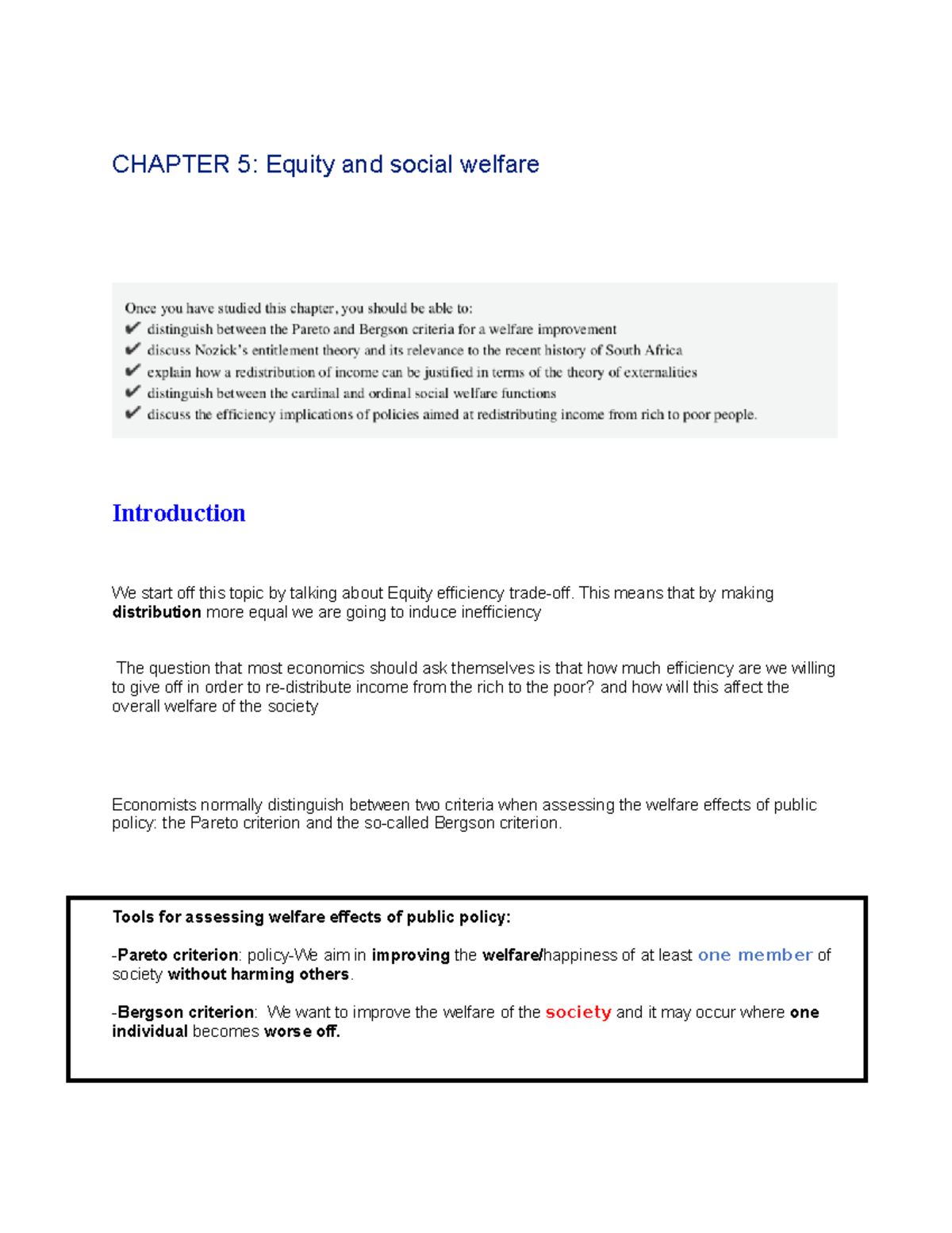 Chapter 5 - Good - CHAPTER 5: Equity and social welfare Introduction We ...