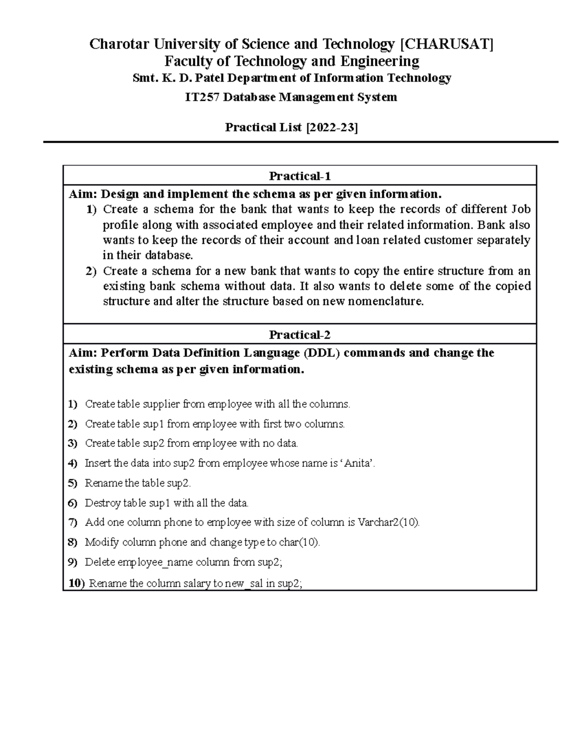 Practical List Of Dbms Faculty Of Technology And Engineering Smt K D Patel Department Of