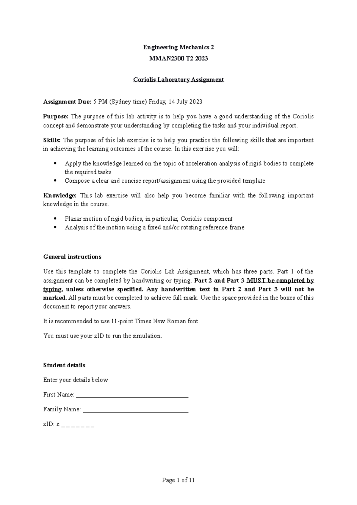 Lab 1 Assignment Template - Engineering Mechanics 2 MMAN2300 T2 2023 ...