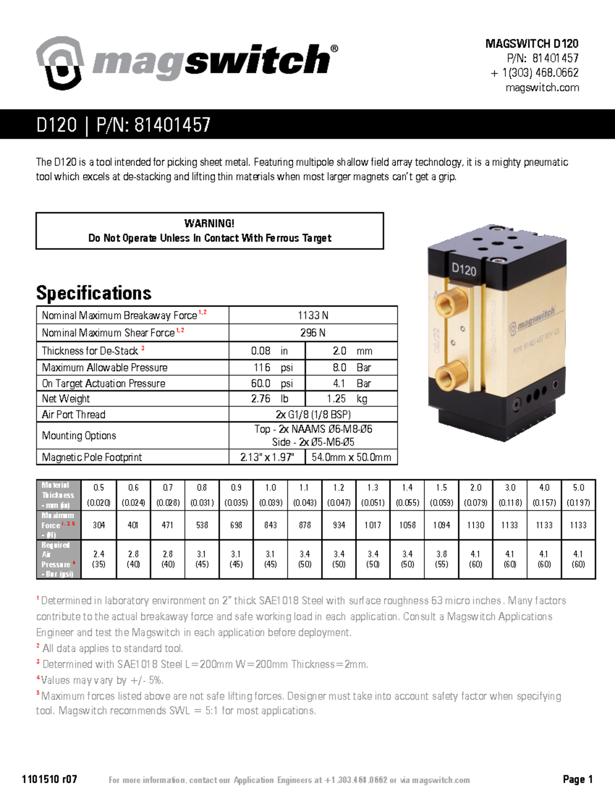 1101510 D120 Spec Sheet - MAGSWITCH D 120 P/N: 81401457 + 1(303) 468 62 ...
