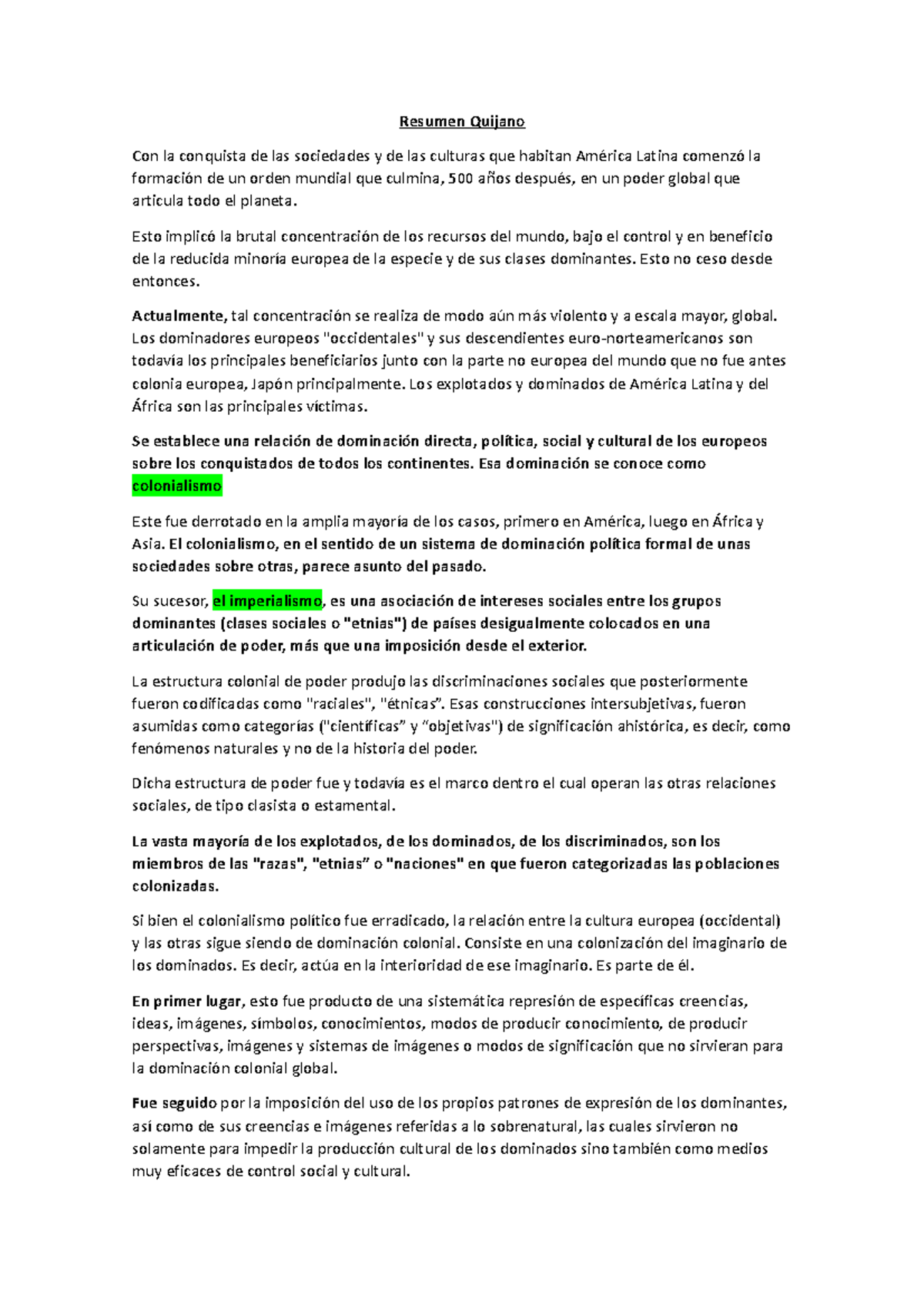 Resumen Quijano - Colonialidad del poder, eurocentrismo y América ...