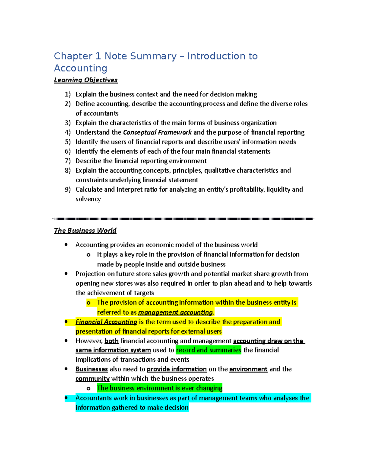 Exam Notes - Accounting - Chapter 1 Note Summary – Introduction to ...