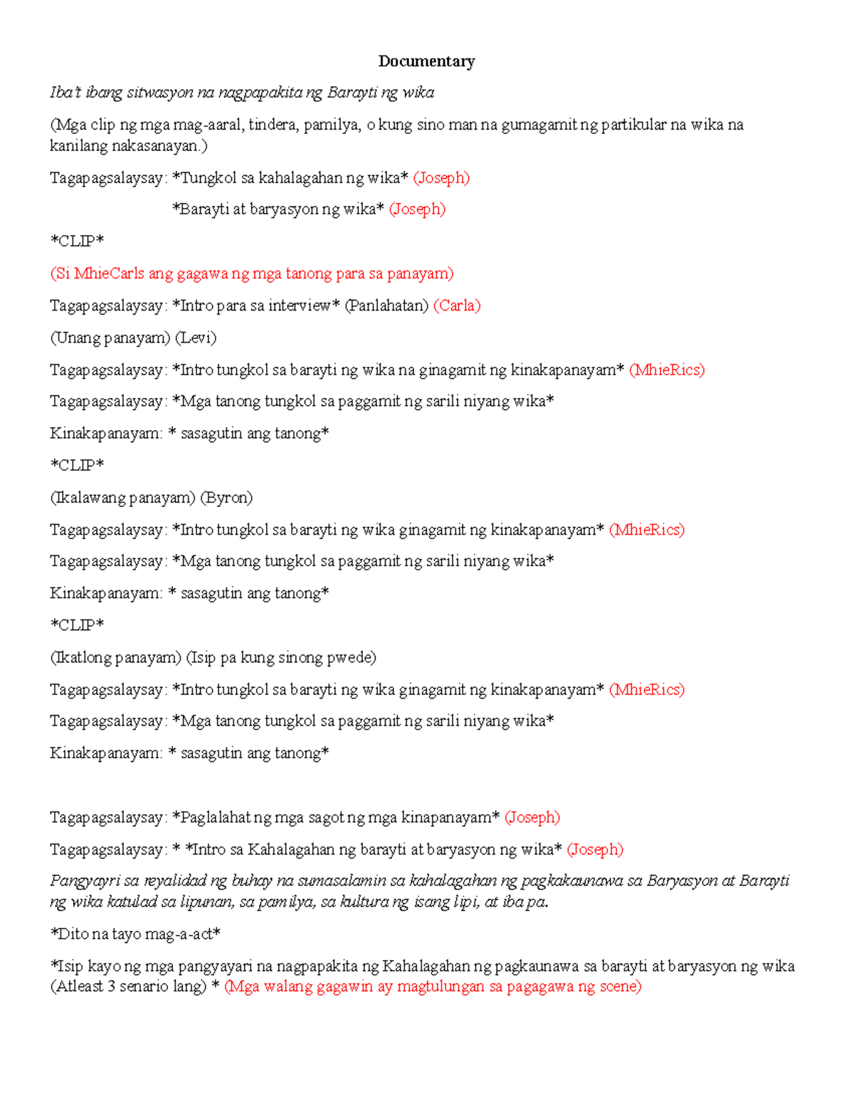 Documentary Script - Documentary Iba’t ibang sitwasyon na nagpapakita ...