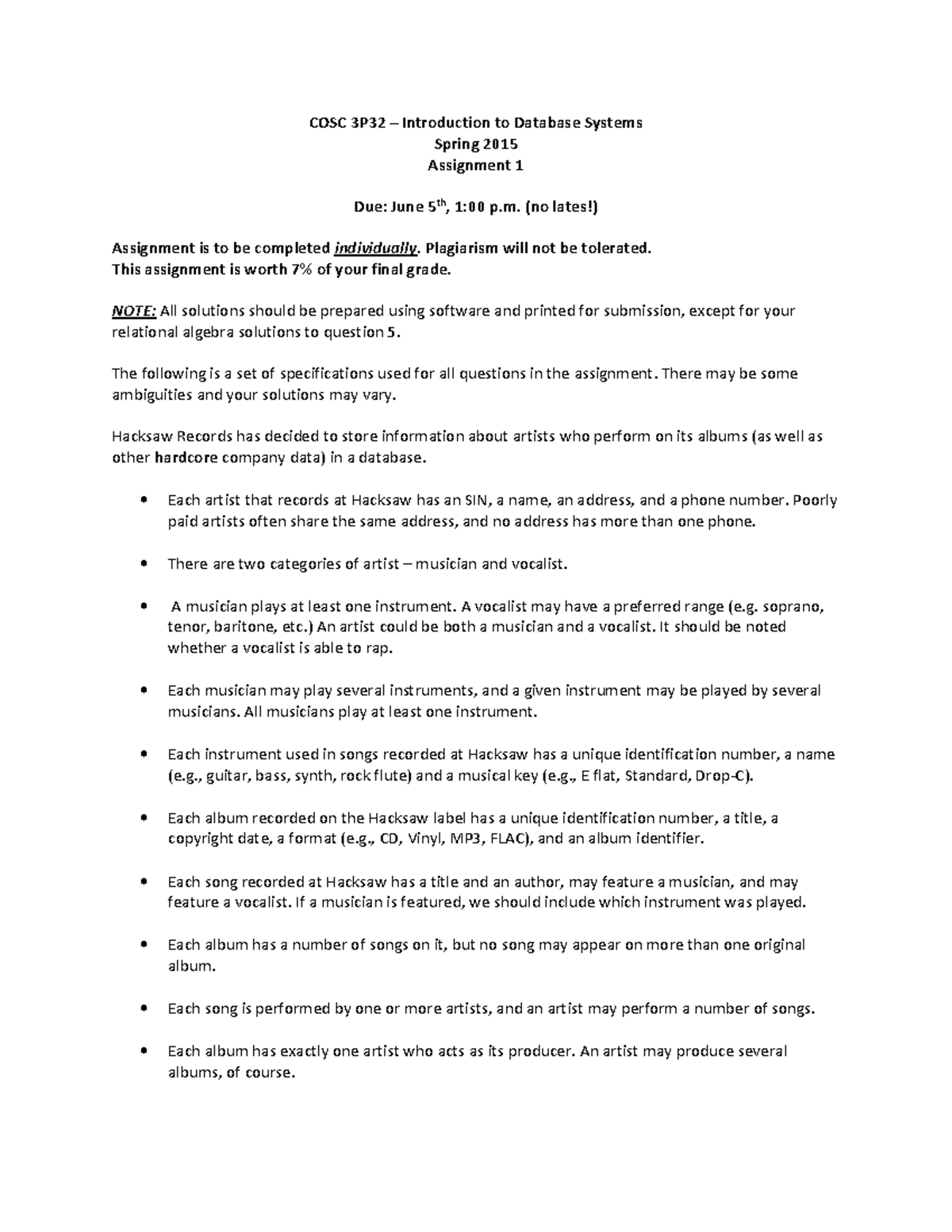 Introduction to Database Systems Seminar assignments Assignment 1 - COSC 3P32 Introduction to ...