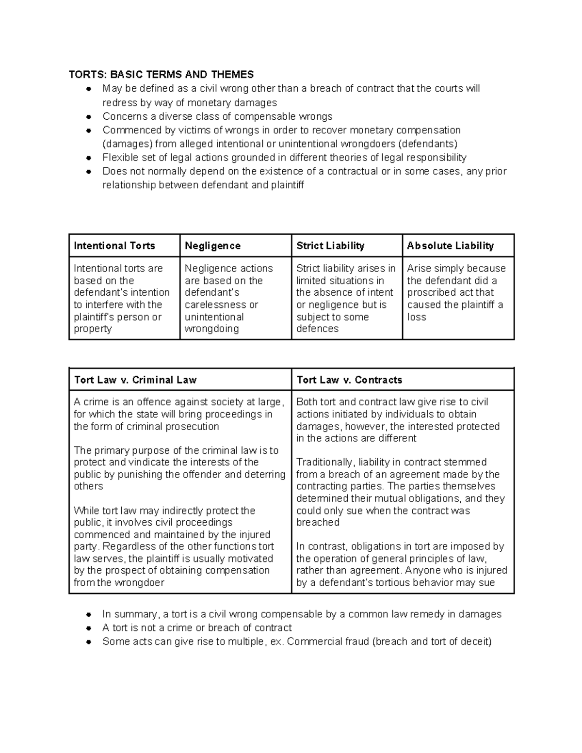 Tort Law - Tort lecture notes - TORTS: BASIC TERMS AND THEMES May be ...