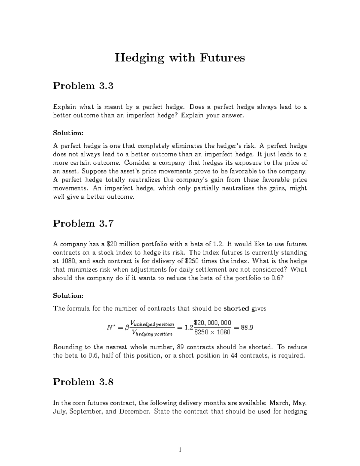 Practice Problems with Solutions - Hedging with Futures - Hedging with ...