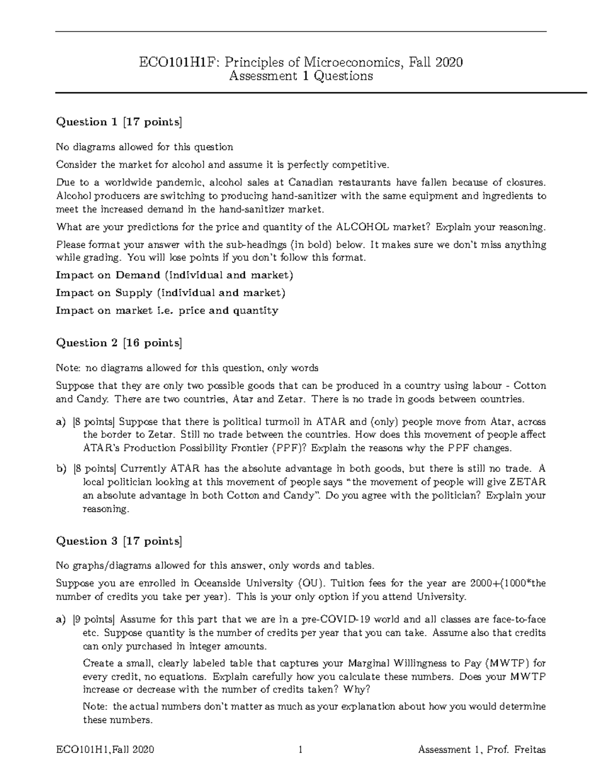 ECO101 Fall 2020 Assessment 1 Questions - ECO101H1F: Principles of Microeconomics, Fall 2020 ...